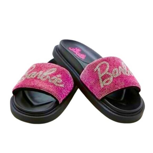 Barbie | Shoes | Exclusive Rhinestone Black Pink Bling Barbie Slide ...